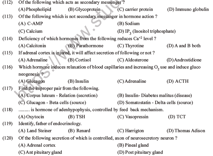 NEET Biology Chemical Coordination and Control MCQs Set B with Answers
